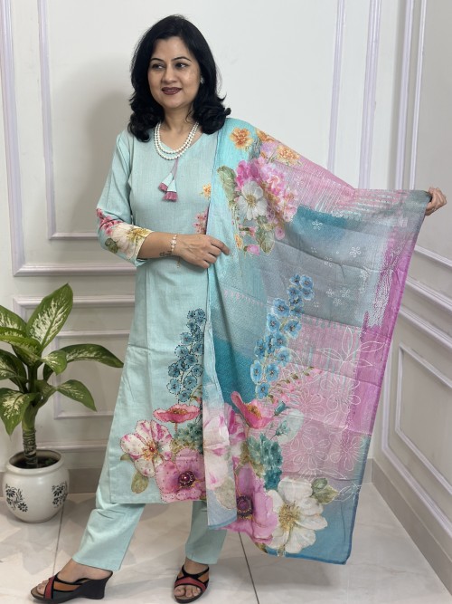 Handloom Cotton Fabric Stylish Suit in 3pc Set with Straight Pant and ...