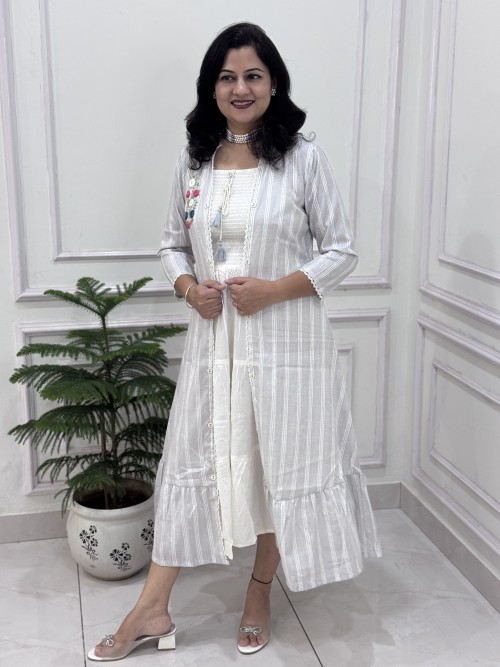 Pure Cotton Dress with Mal Cotton long Shrug - Grey White | ANHAD FASHIONS